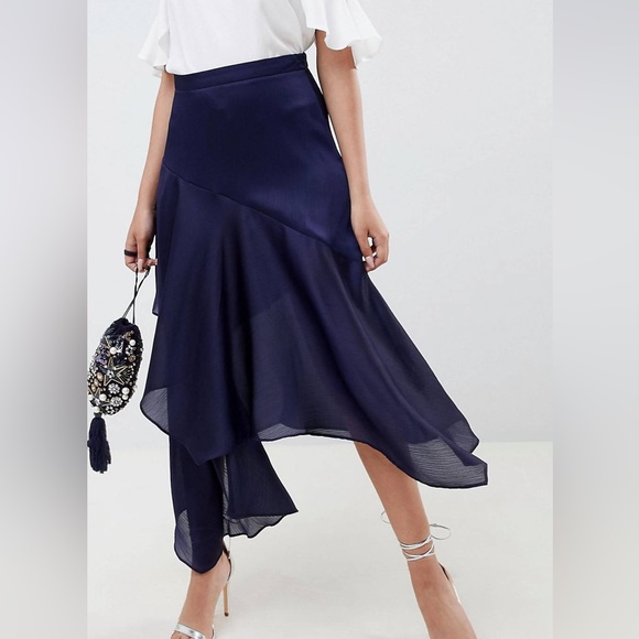 ASOS | Skirts | Asos Navy Blue Asymmetrical Satin Midi Skirt | Poshmark